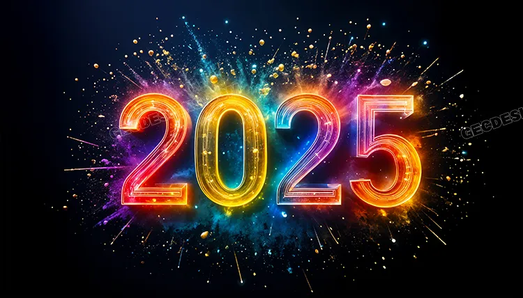 Happy New Year 2025, Golden fonts in a colorful neon splash background - GEC Designs