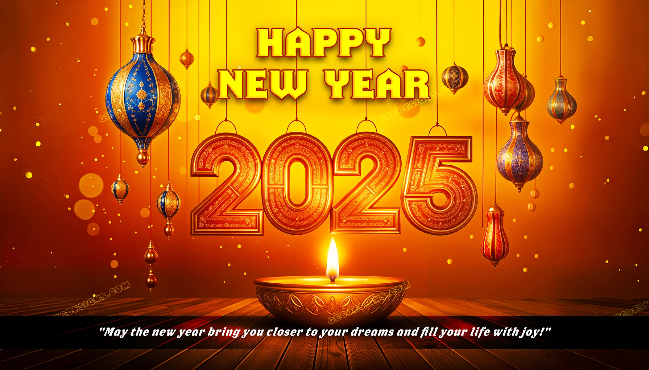 Happy New Year 2025 image, with wishes hanging Diyas on a Yellow ...