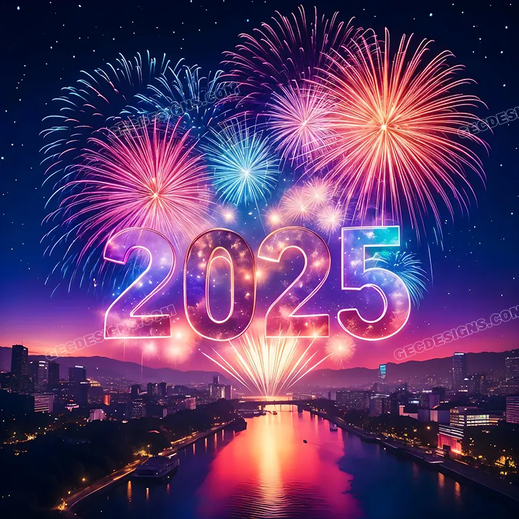 Happy New Year 2025, Neon fireworks in the night sky background - GEC Designs