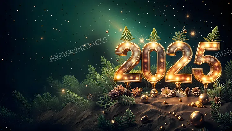 Happy New Year 2025 wallpaper, Gold luxury numbers in a festive background - GEC Designs