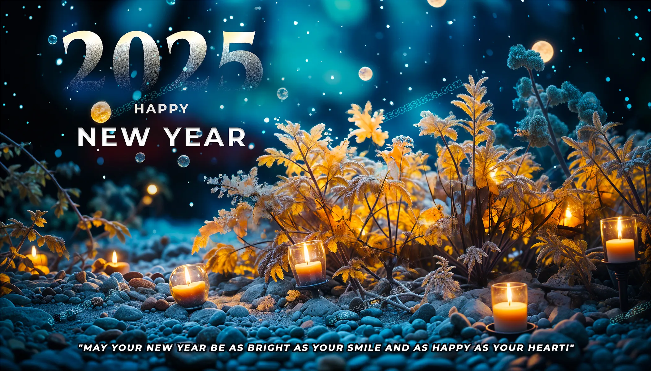 Happy New Year 2025, wishes and greetings with glowing candles in snowy background - GEC Designs