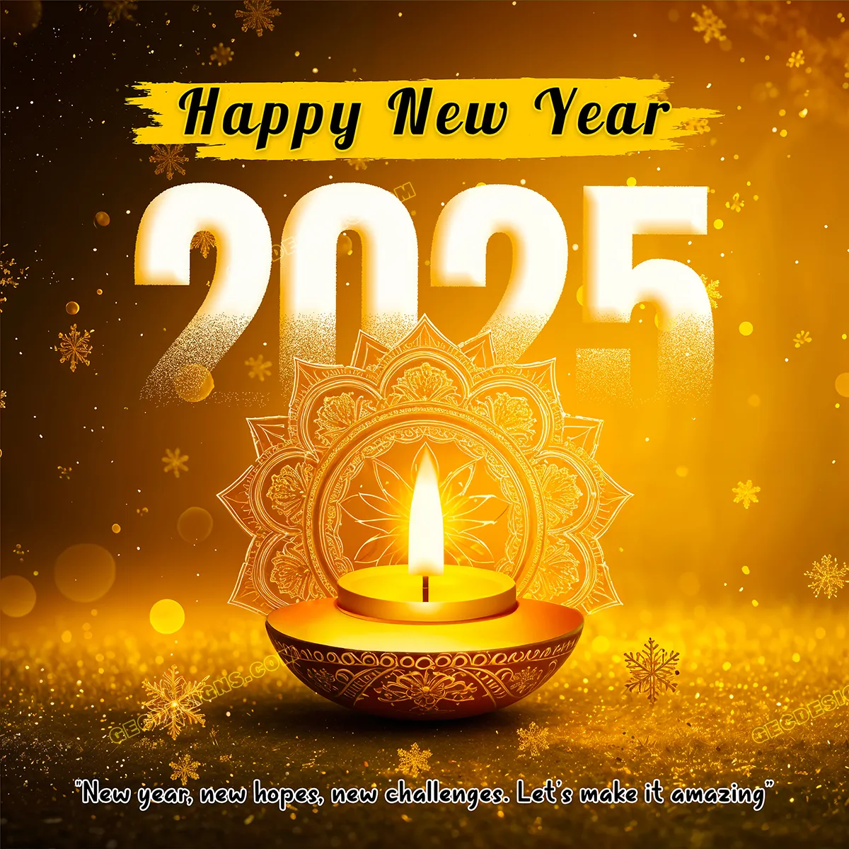 Happy New Year 2025 Wishes in a Beautiful Yellow background with Sparkling Diya and Rangoli ...