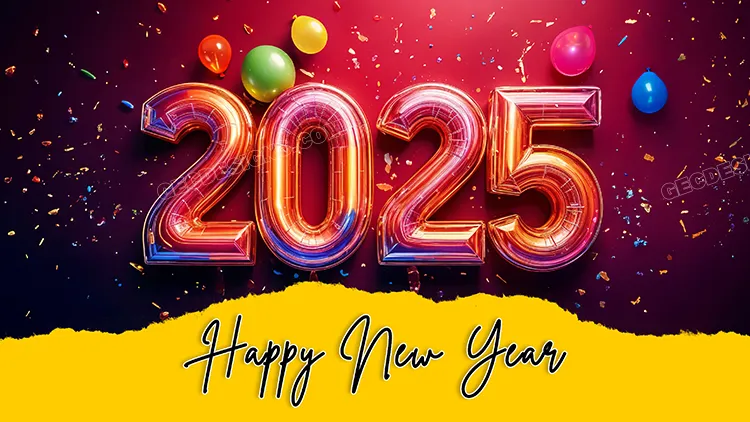 Happy New Year 2025 wishes with Balloons and Confetti background - GEC Designs