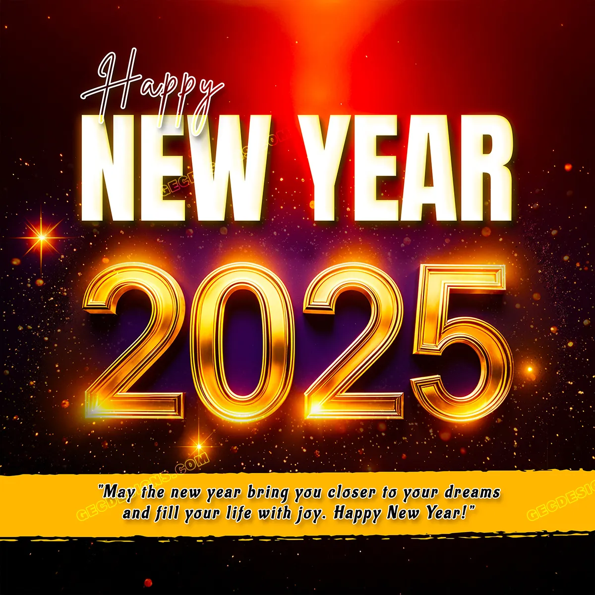 Happy New Year 2025 wishes with sparkling golden dust on an elegant red background - GEC Designs
