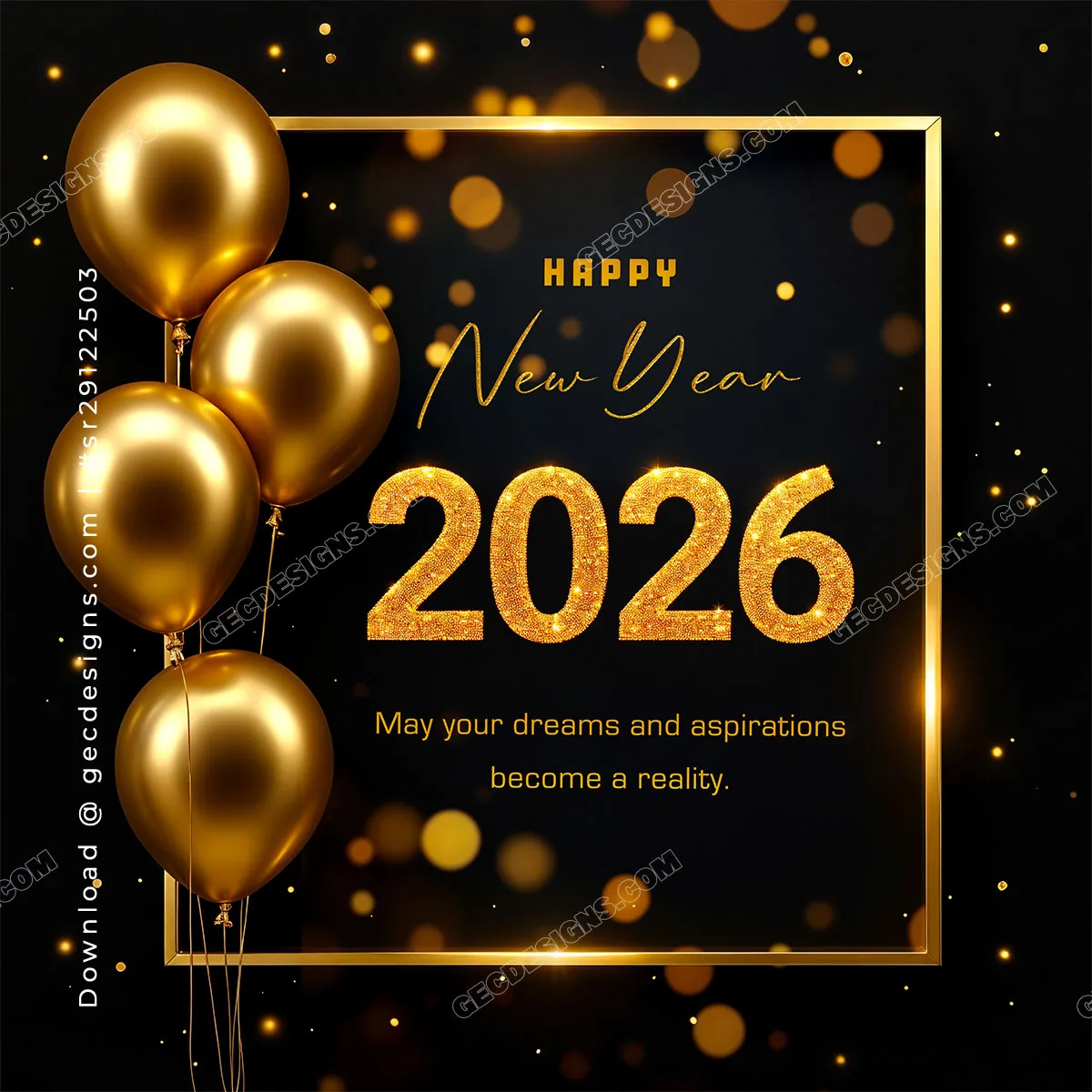 Happy New Year 2026 Wishes Image with Golden Balloons, Luxury Frame ...