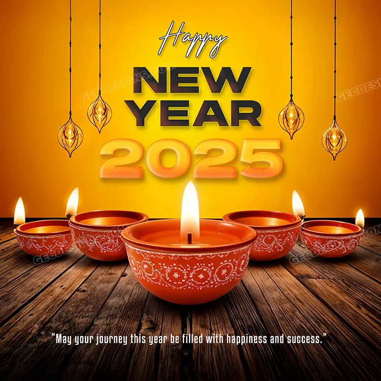Happy New Year wishes 2025, Diyas in Yellow background - GEC Designs