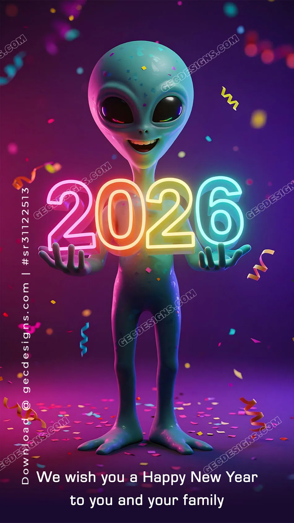 Happy New Year Wishes 2026 with a Cute Alien Celebration and Colorful ...