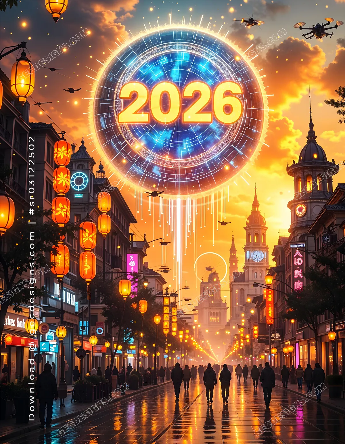 Happy New Year wishes 2026 image with glowing city lights, floating ...