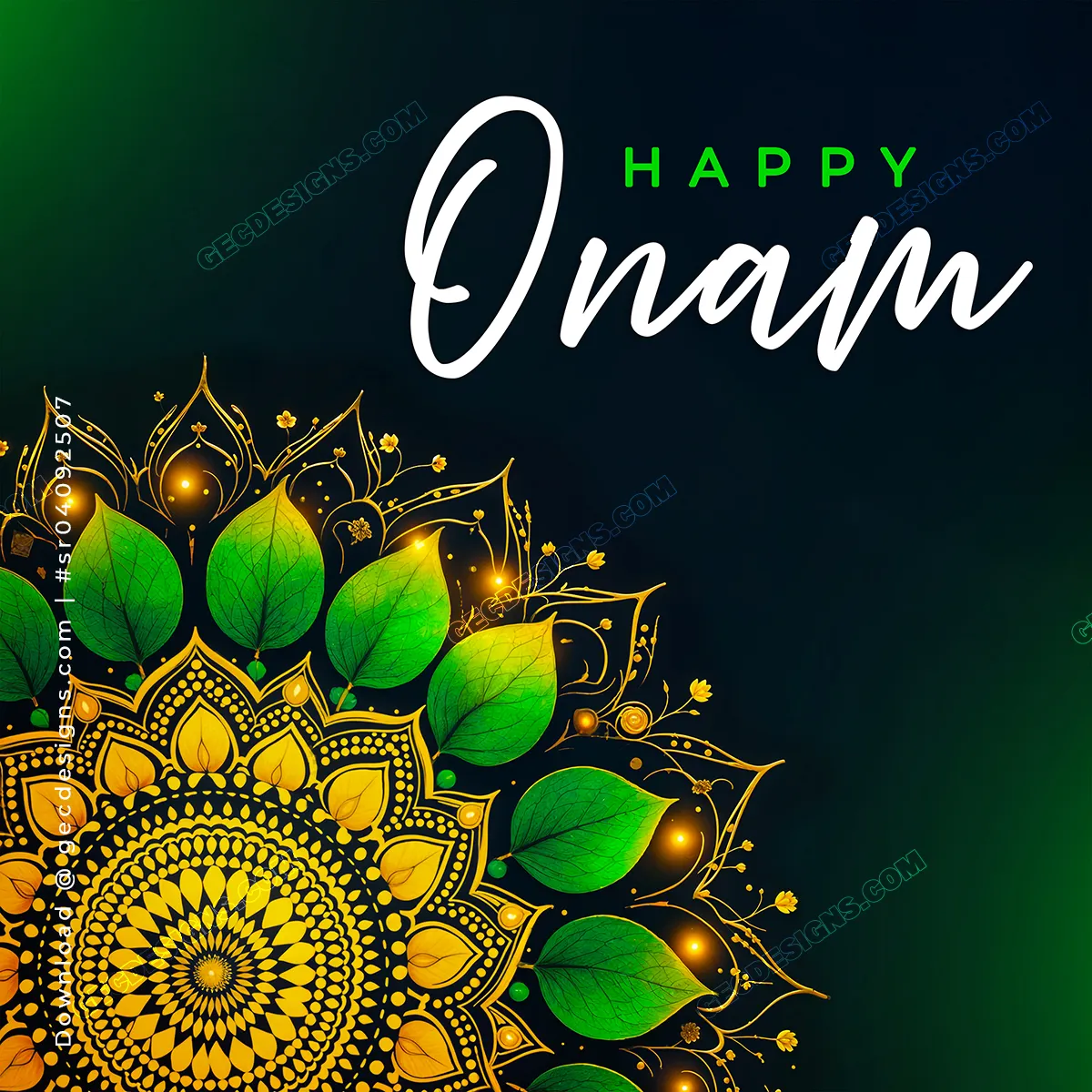 Happy Onam 2025 Wishes Image with Green and Golden Pookalam design - GEC Designs