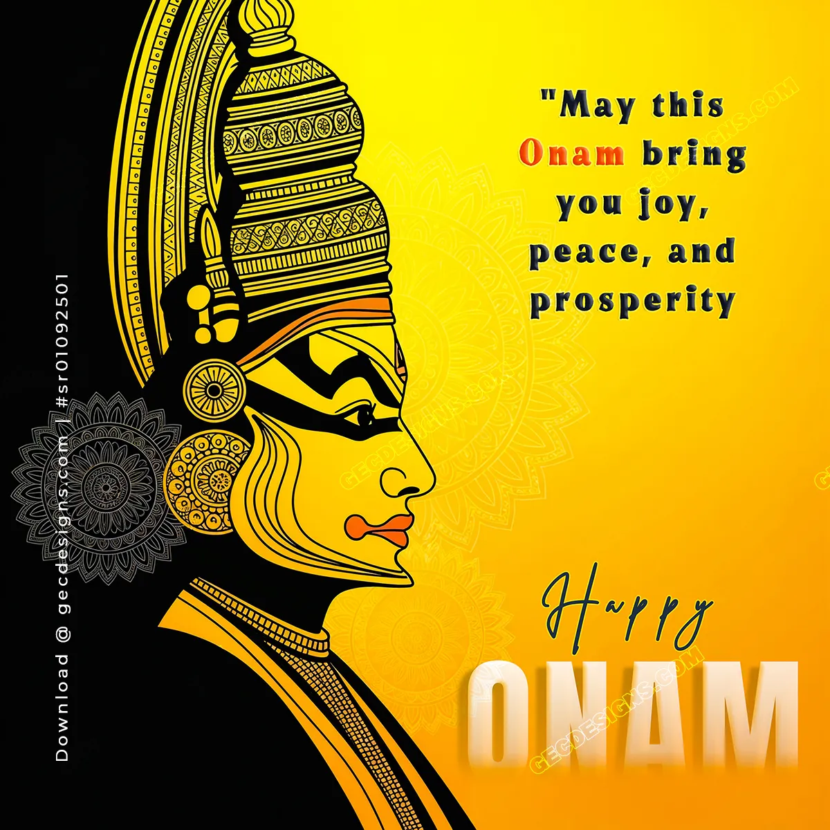 Happy Onam 2025 Wishes Image with Traditional Kathakali Design - GEC Designs