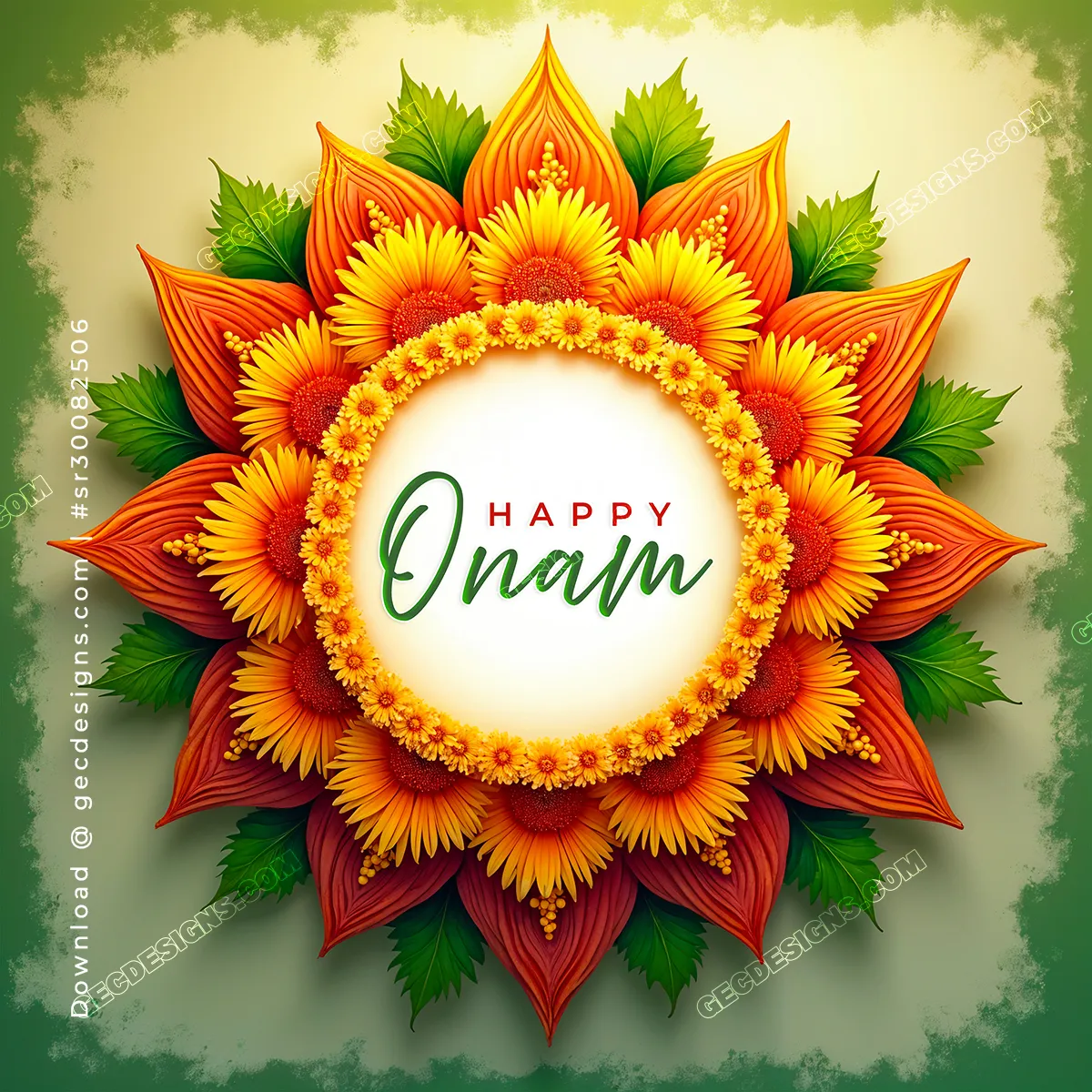 Happy Onam 2025 Wishes with Colorful Pookalam Design on a Green ...