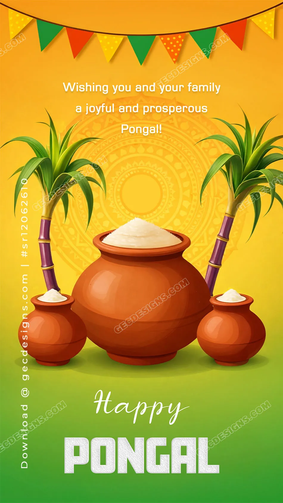 Happy Pongal Image with Clay Pots, Sugarcane, and Bright Yellow Festive ...