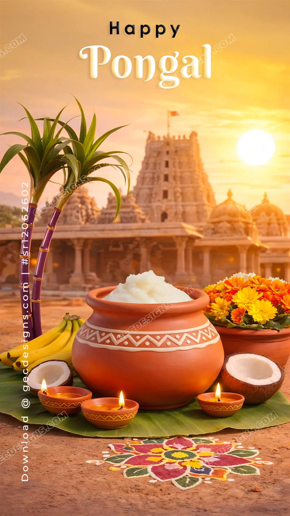 Happy Pongal Image with Temple Background, Traditional Pongal Setup ...