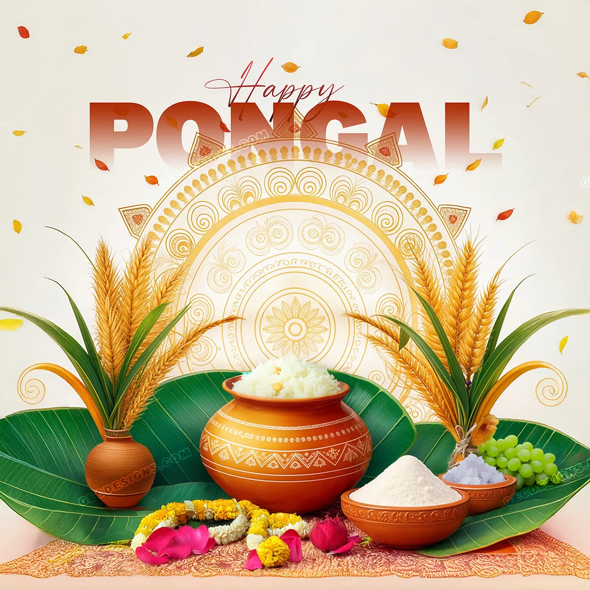 Happy Pongal Wishes Beautiful Rangoli pattern background with decorated ...