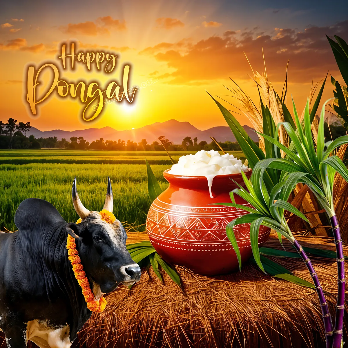 Happy Pongal wishes, traditional Pongal festival background with sun ...