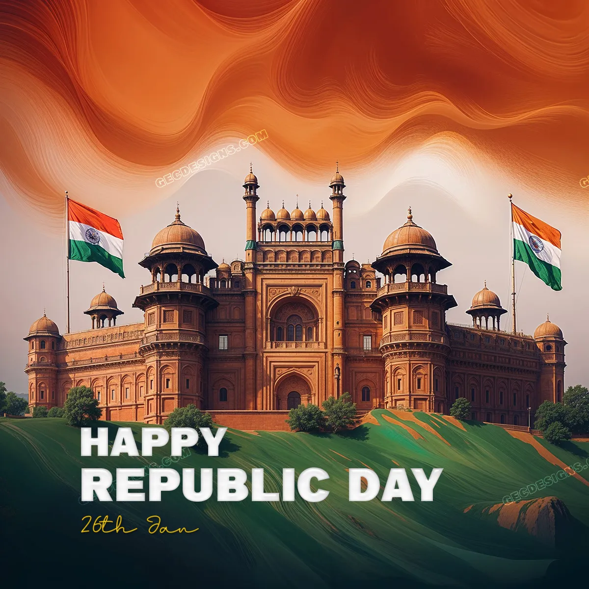 Happy Republic Day background image with a red fort and Indian National ...