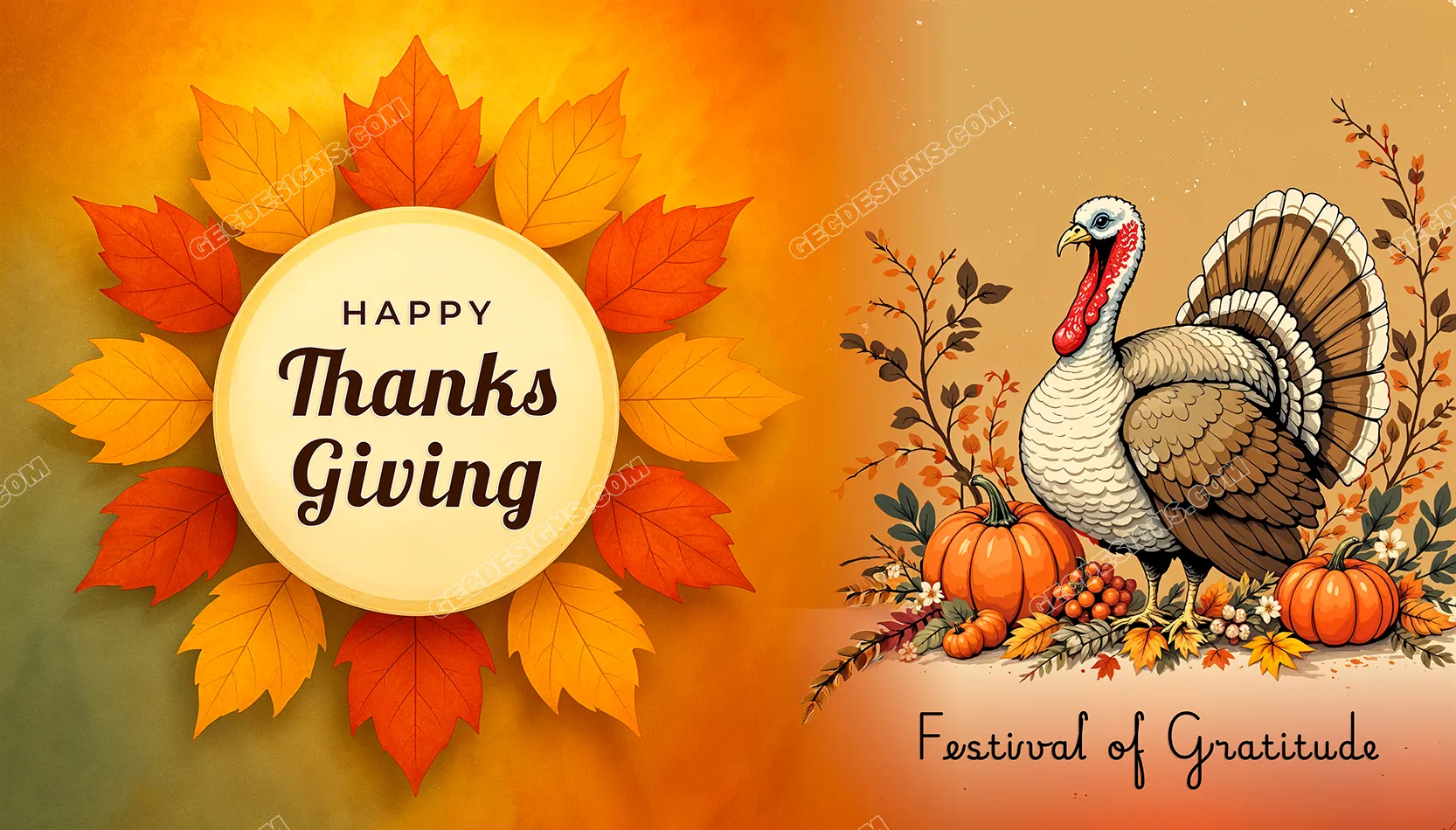 Happy Thanksgiving 2025 Wishes Image with Circle Text Design and Autumn ...