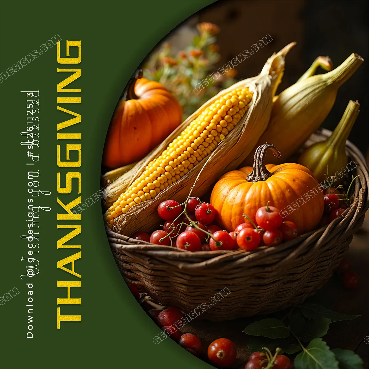 Happy Thanksgiving image featuring a rustic harvest basket filled with ...