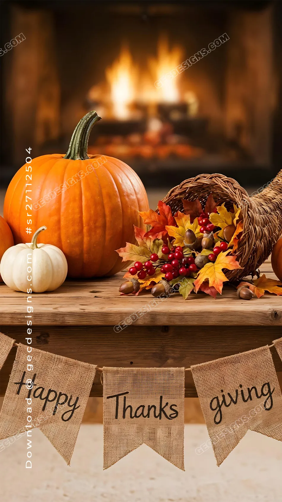Happy Thanksgiving image with a cozy fireplace backdrop, rustic ...