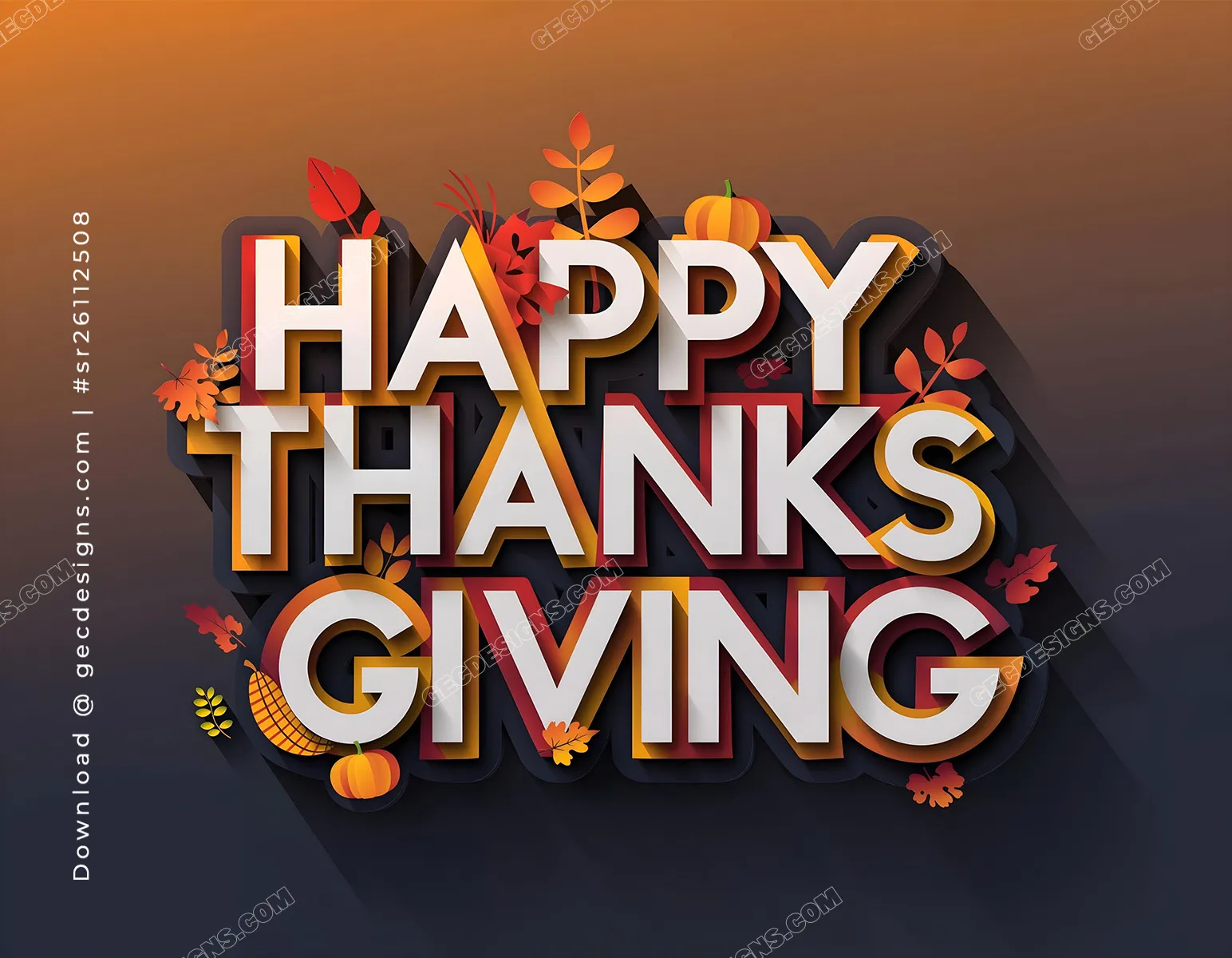 Happy Thanksgiving image with bold layered 3D text, deep shadows, and ...