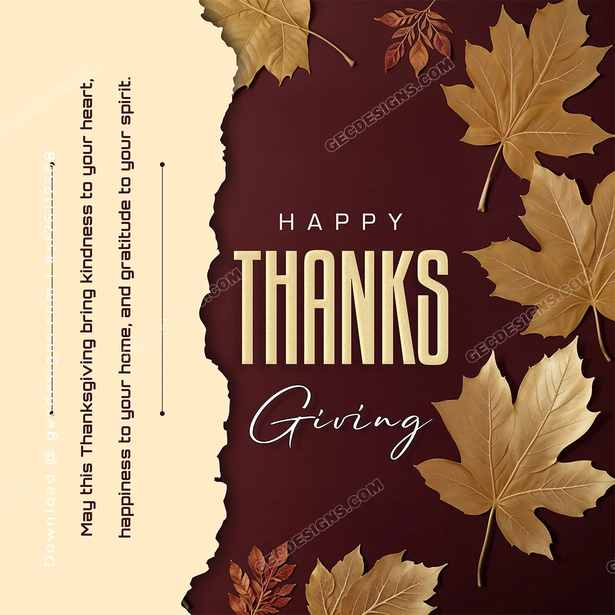 Happy Thanksgiving Image with Gold Leaves, Torn-Edge Cream Panel, and ...