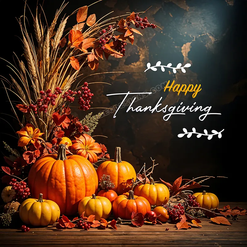 Happy Thanksgiving image with Pumpkins, Berries, and Fallen leaves ...