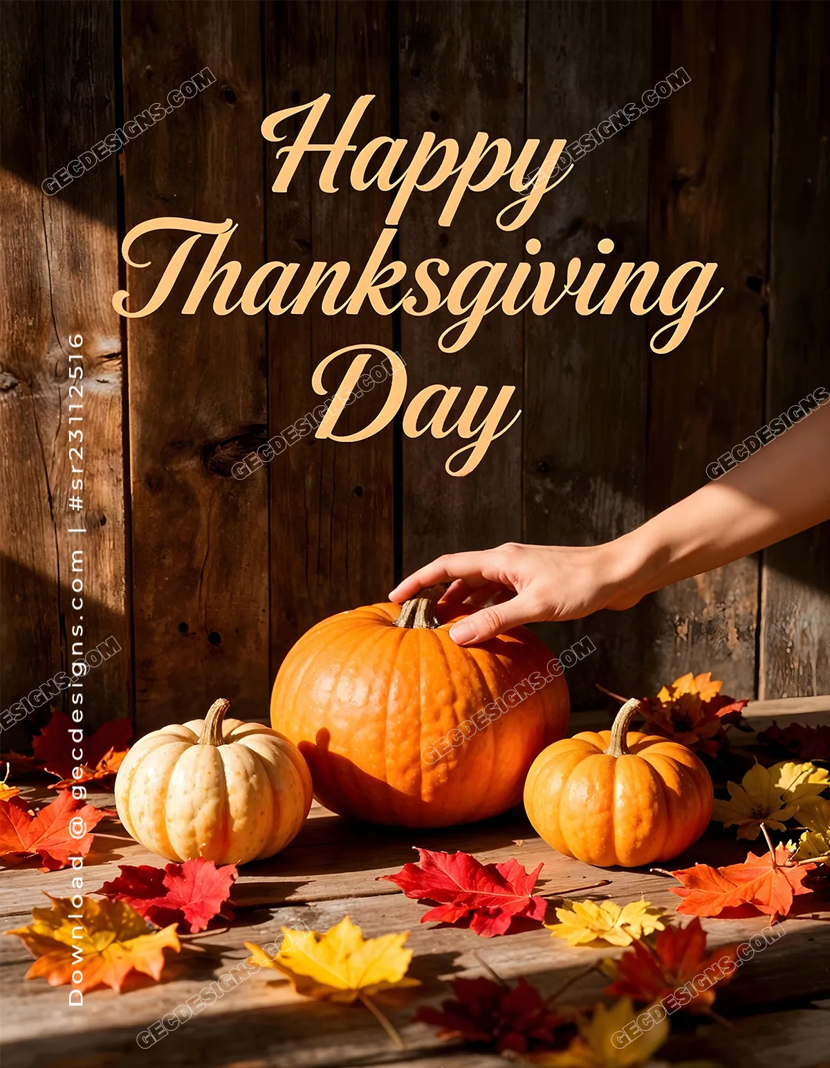 Happy Thanksgiving image with glowing golden lettering, falling autumn leaves, and warm ...