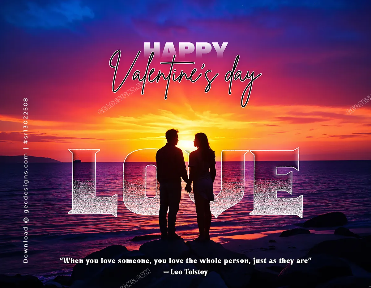 Happy Valentine’s Day wishes with a couple standing on the beach at ...