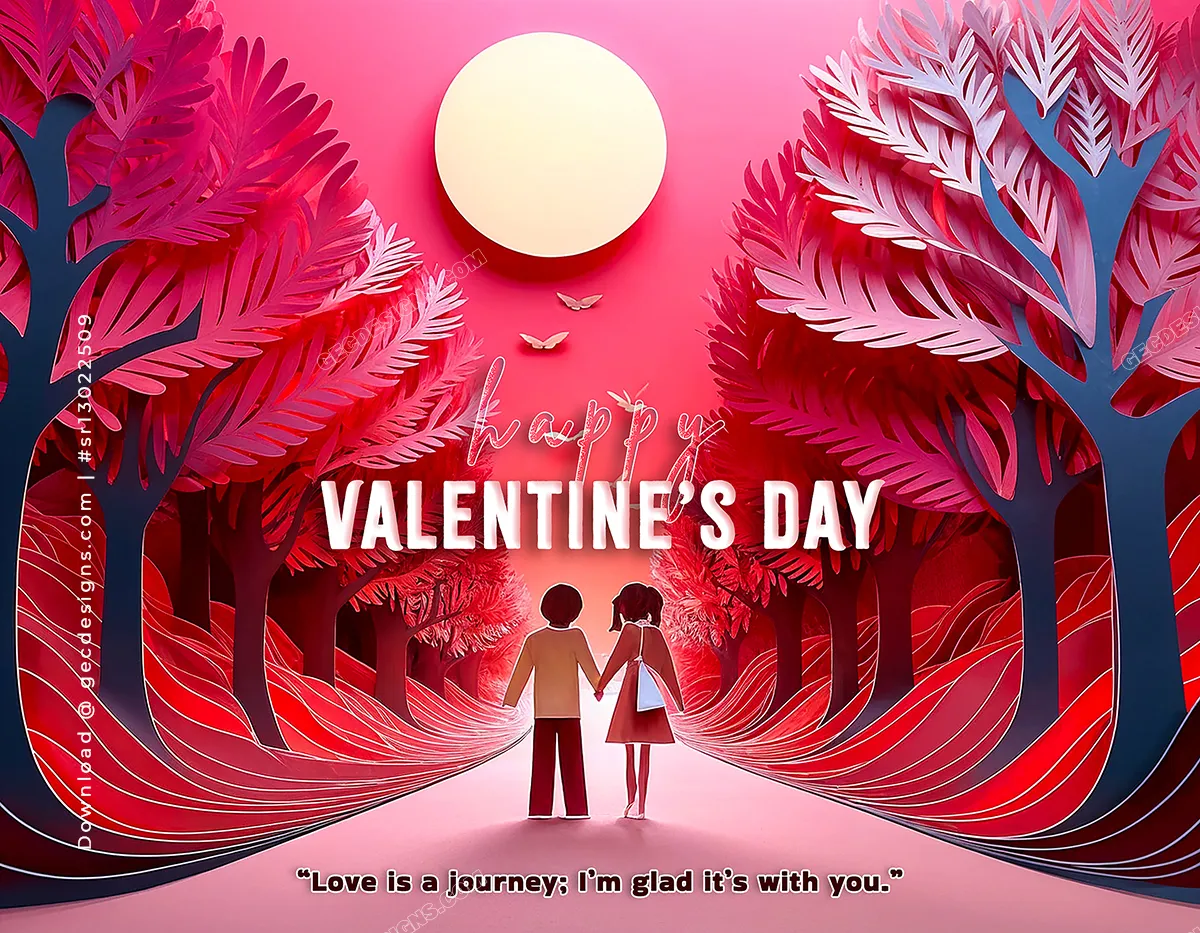 Happy Valentine’s Day wishes with Couple walking, Paper cut effect ...