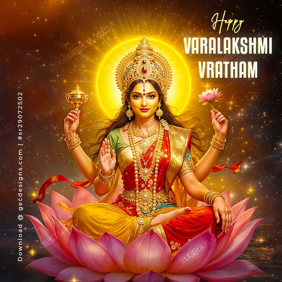 Happy Varalakshmi Vratham Wishes Image of Goddess Lakshmi Sitting on Lotus with Golden Aura ...