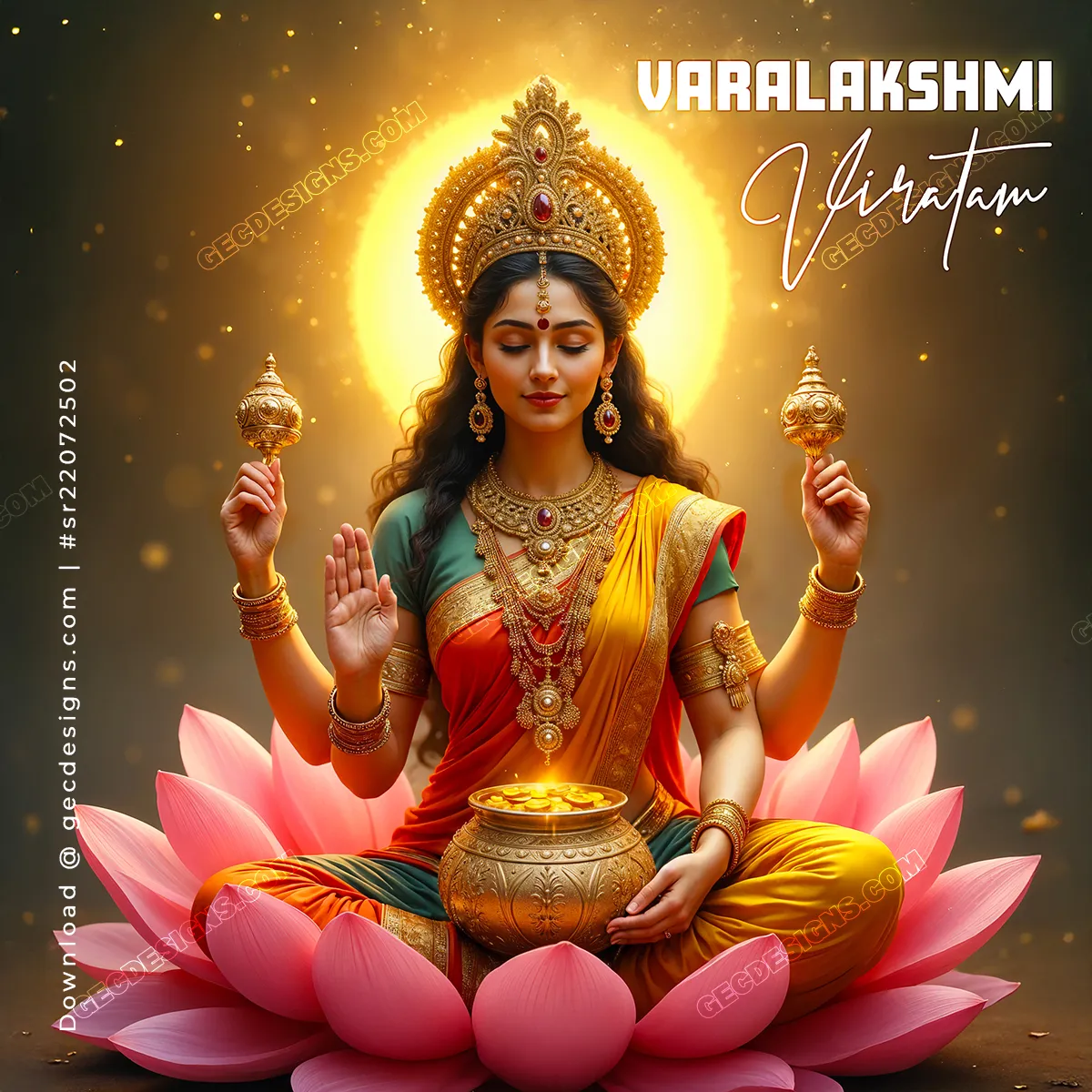 Happy Varalakshmi Vratham Wishes Image with Golden Aura of Goddess Lakshmi on Lotus - GEC Designs