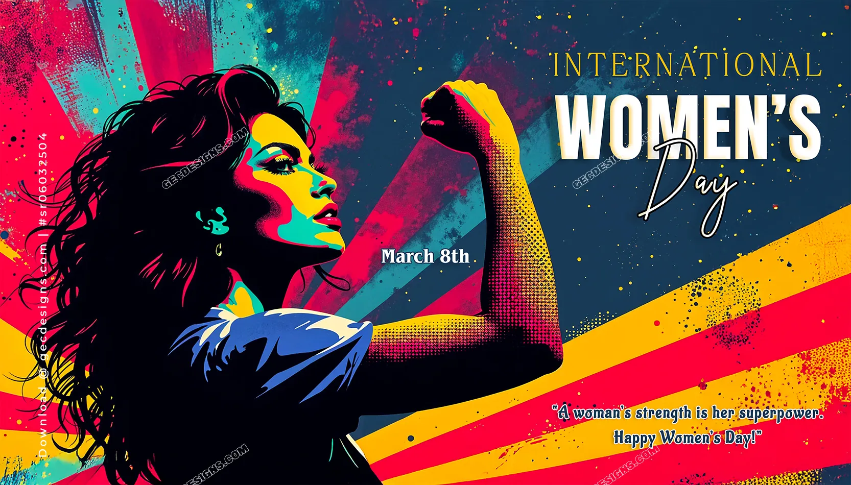Happy Women's Day wishes digital art of Young Woman raised hand - GEC Designs