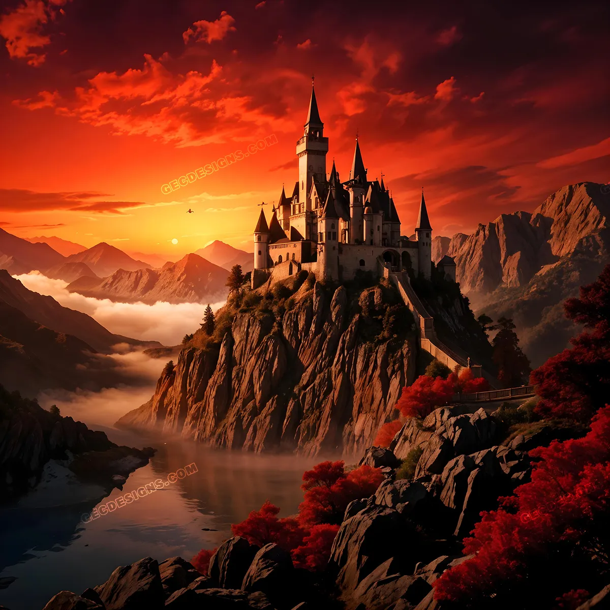 Haunted Castle on a Mountain, Scary Dark Red sky background AI Generated wallpaper - GEC Designs