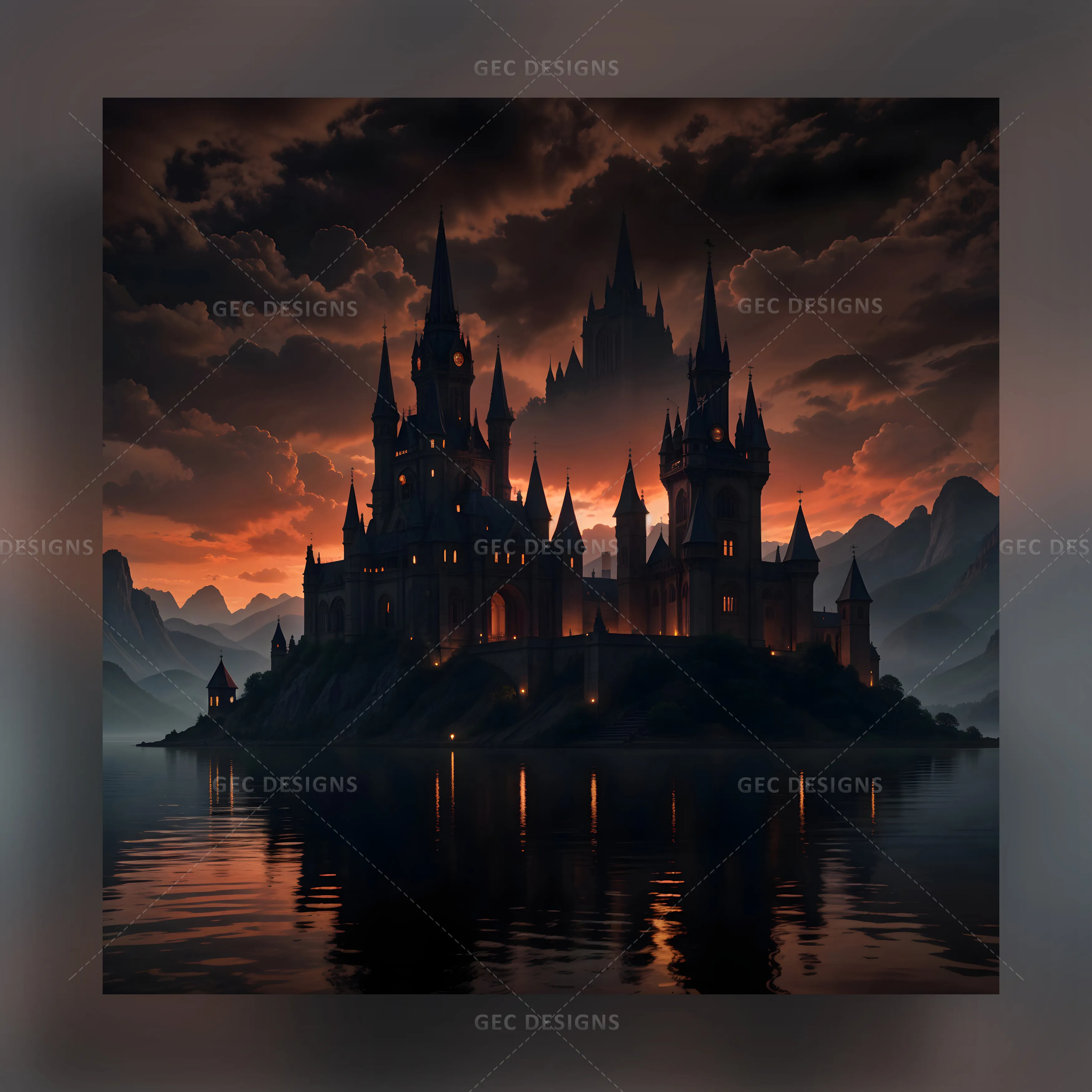 Horror theme castle surrounded by water night view AI Generated ...