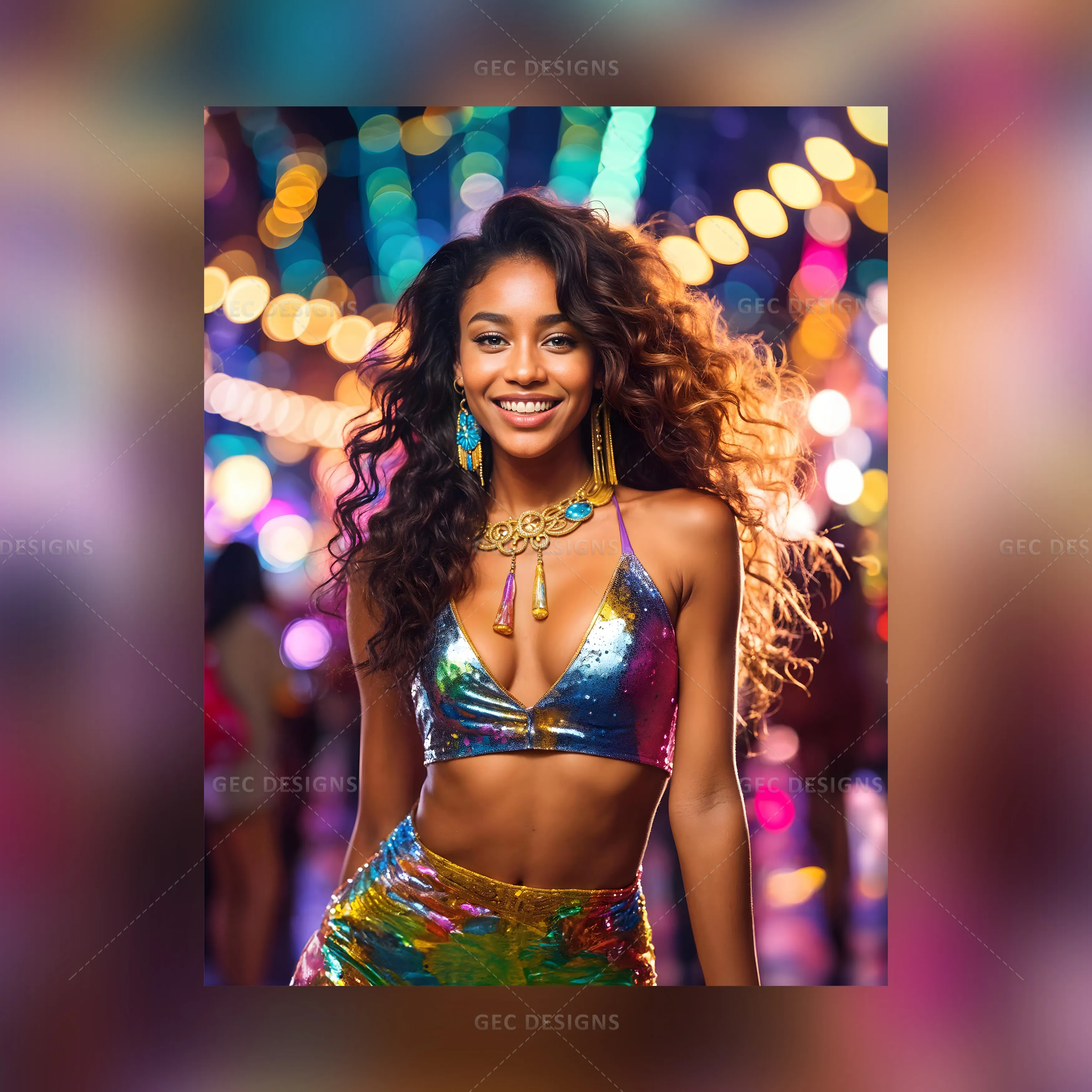 Hyper-realistic pretty young woman at a night party with a bokeh light background | GEC Designs