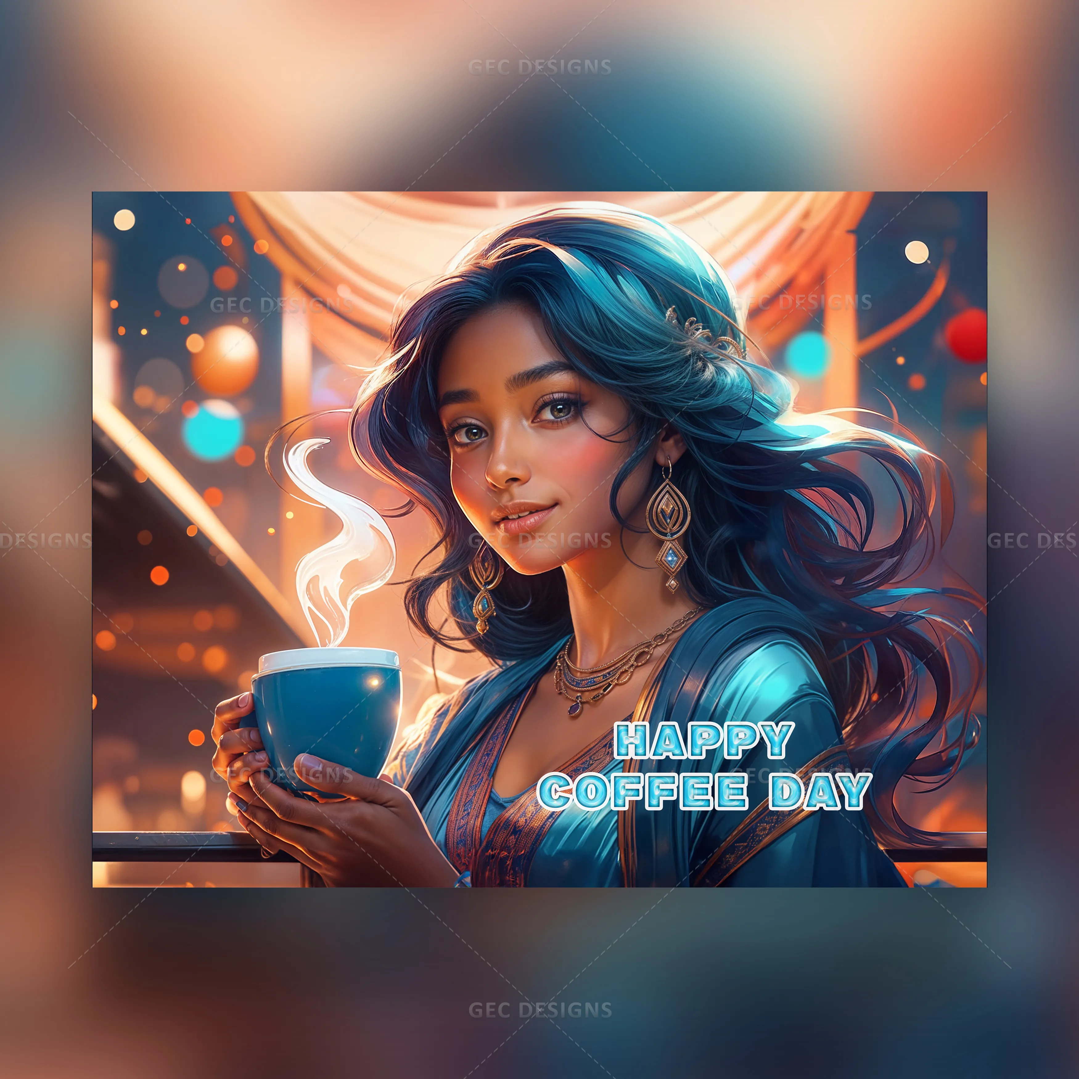 International Coffee Day poster, beautiful anime girl enjoying coffee ...