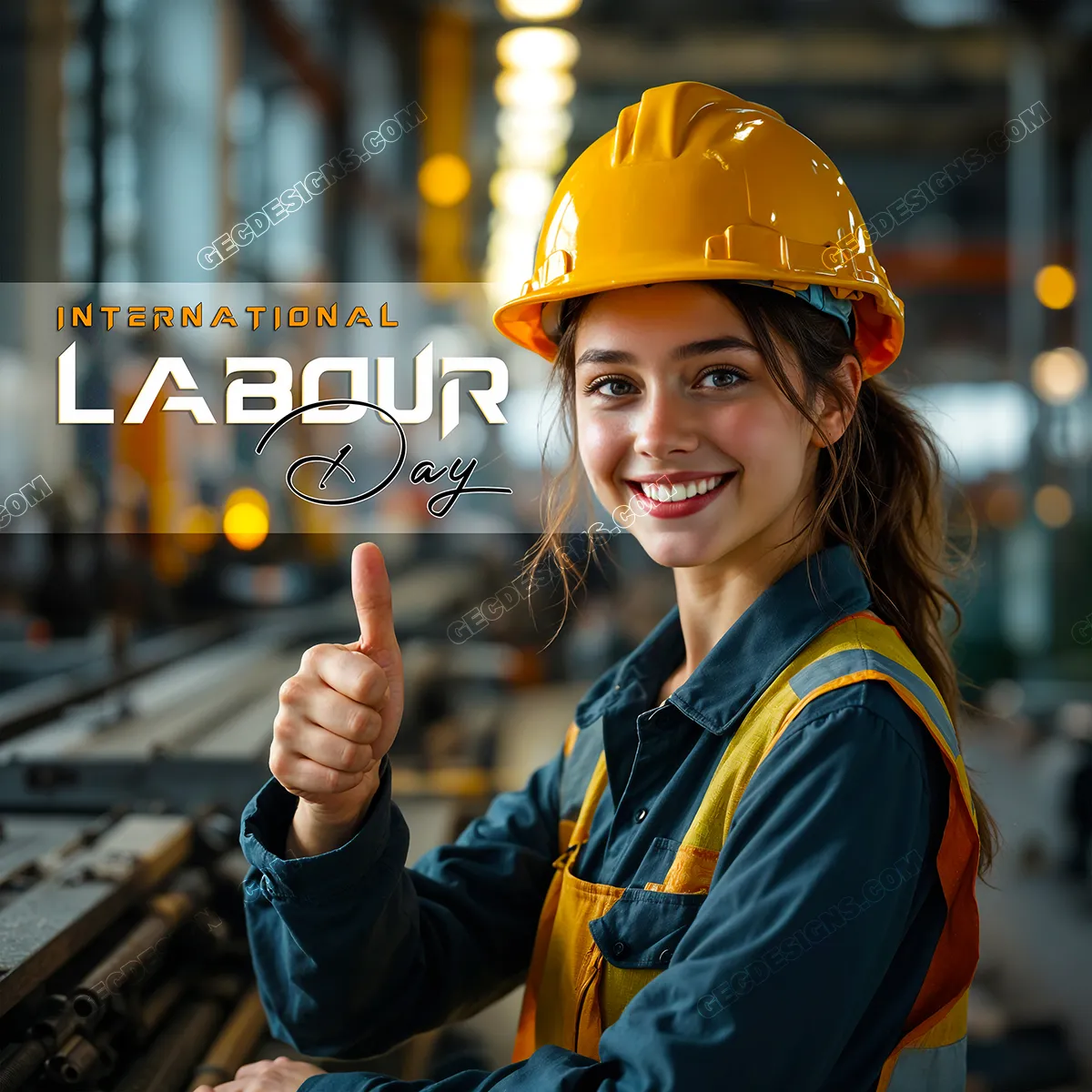 International Labour Day may day poster with smiling female factory worker with hardhat - GEC ...