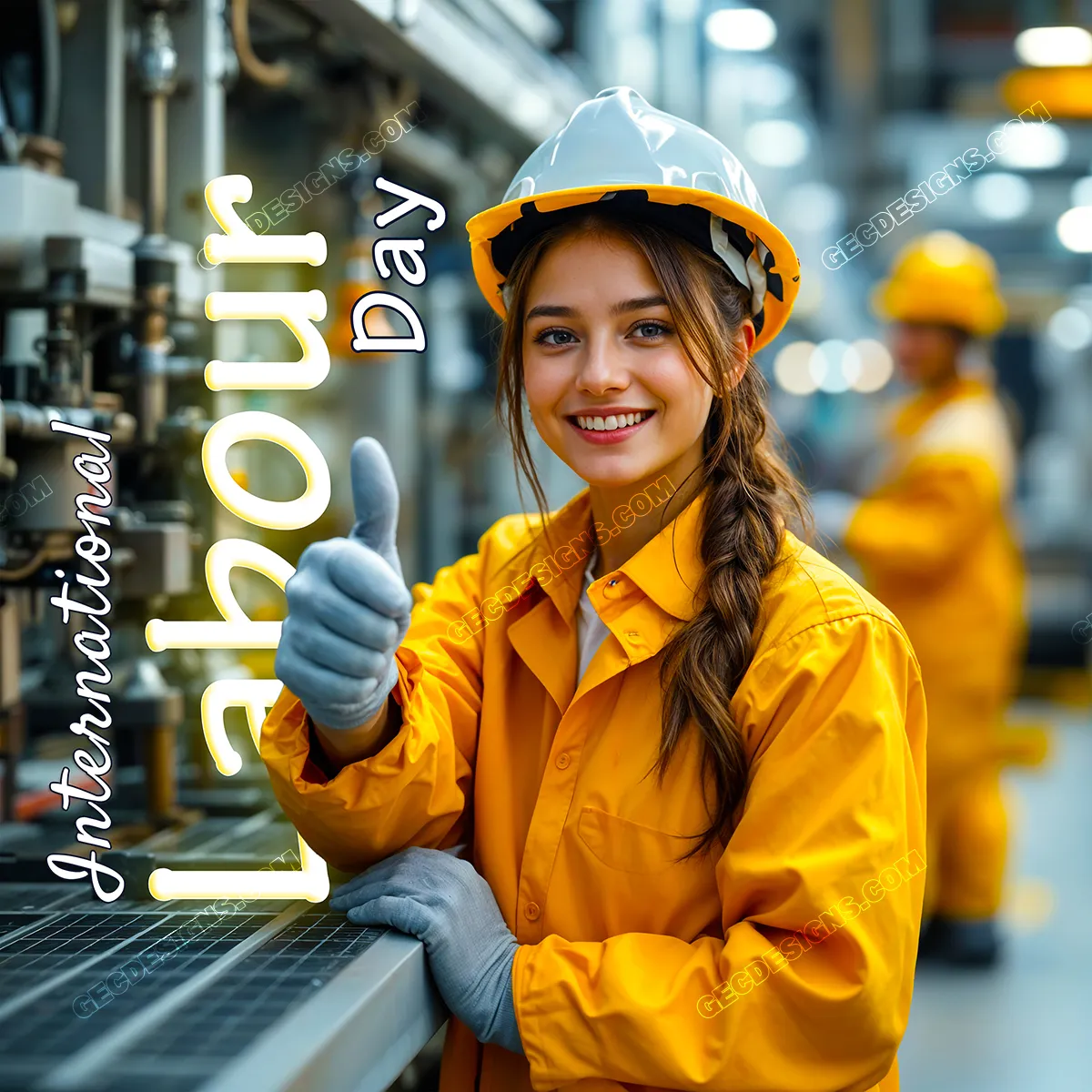 International Labour Day poster with smiling female worker at factory ...