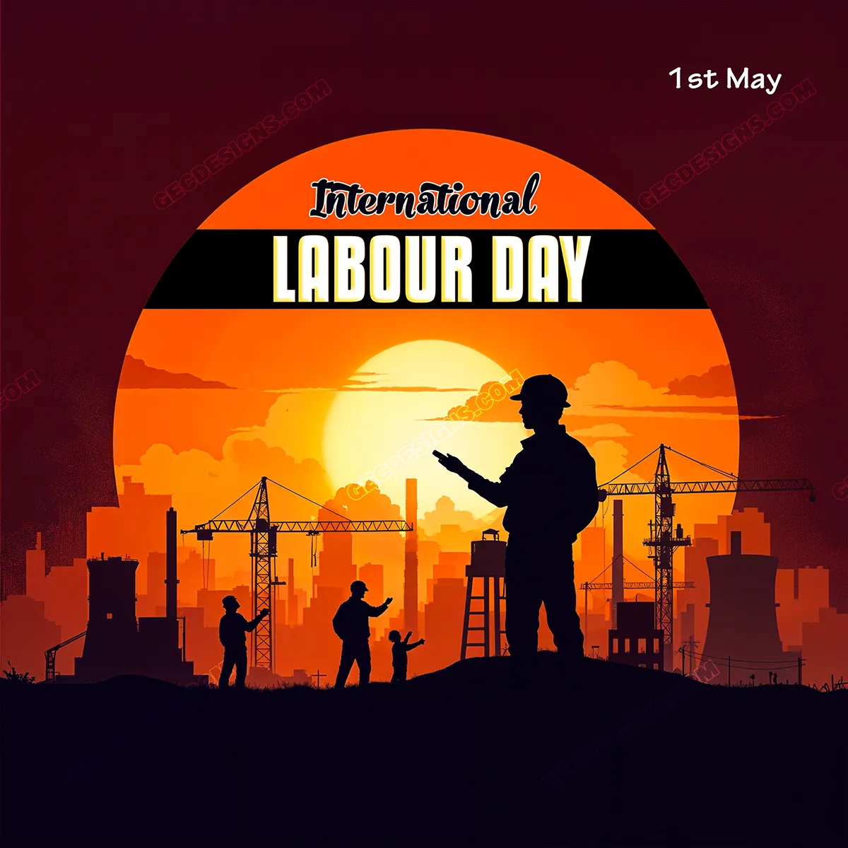 International Labour Day workers at sunset background - GEC Designs