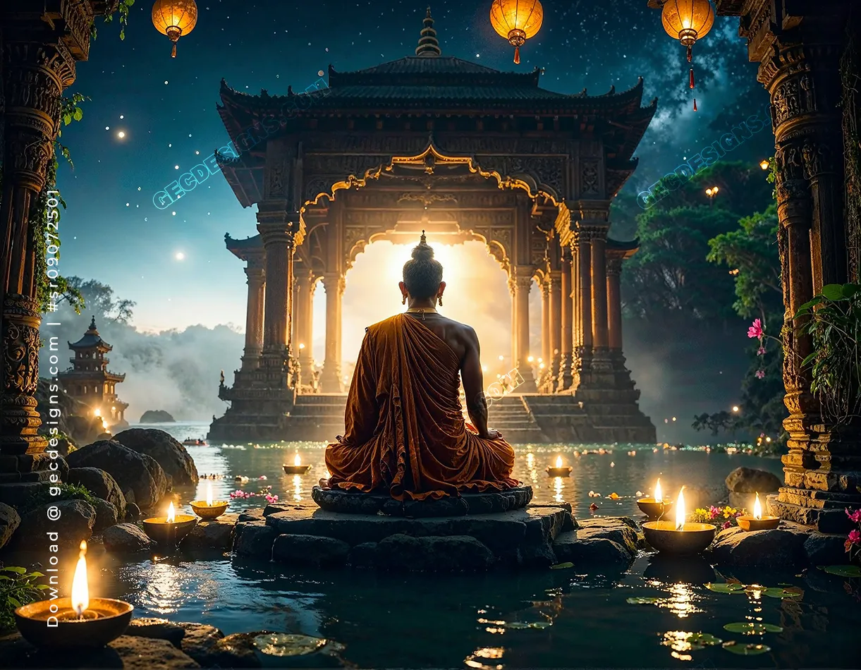 Lord Buddha Guru Purnima Image at Glowing Temple with Diyas and Starry ...