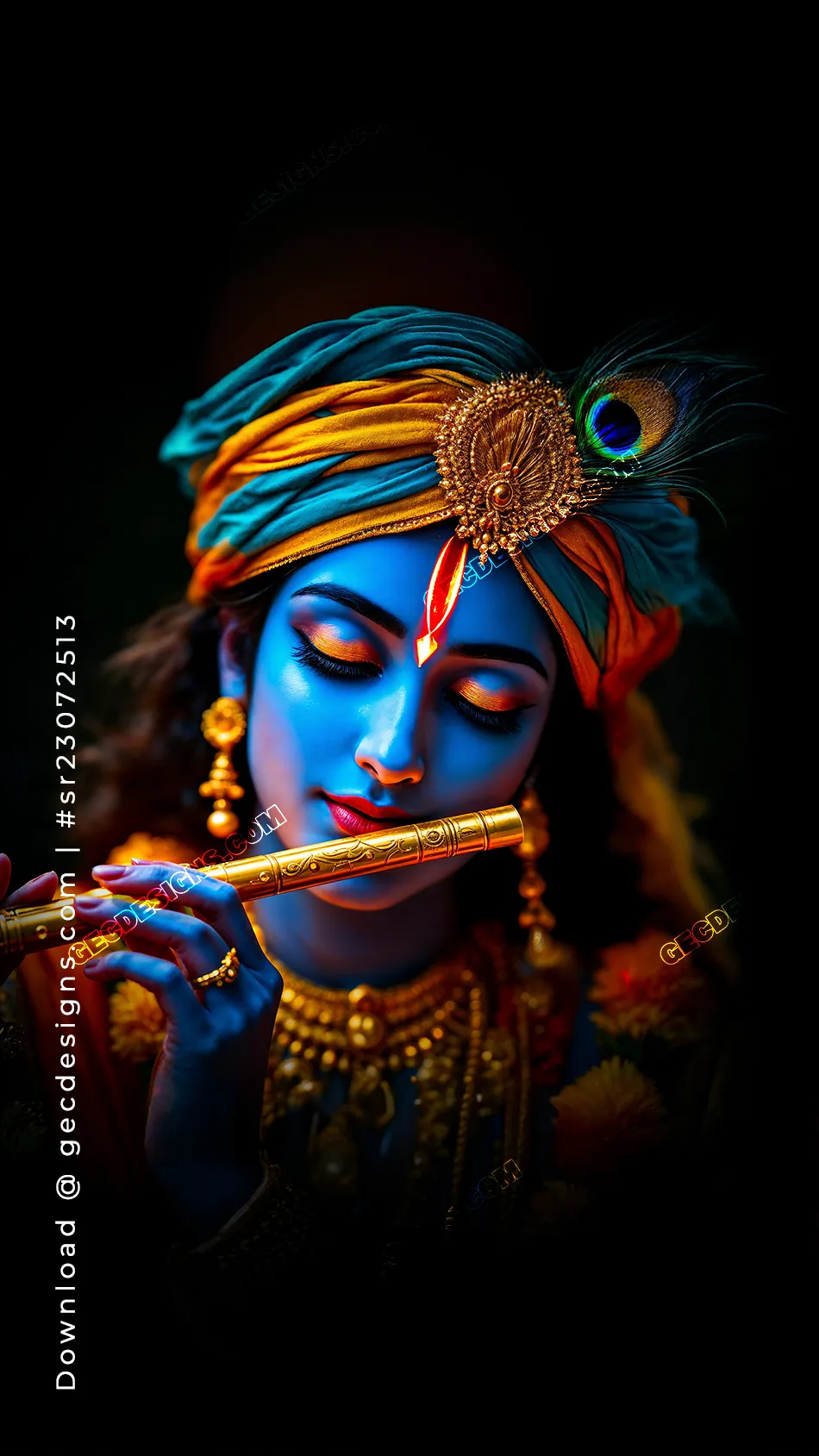 Lord Krishna iPhone Wallpaper with Turban, Golden Flute on a Dark ...