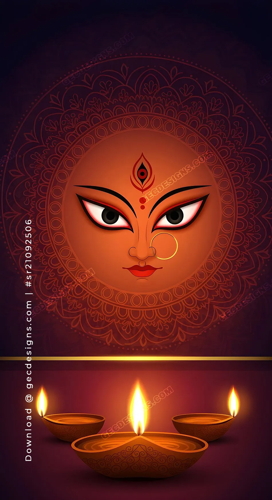 Maa Durga face with glowing diyas, Navratri iPhone wallpaper - GEC Designs
