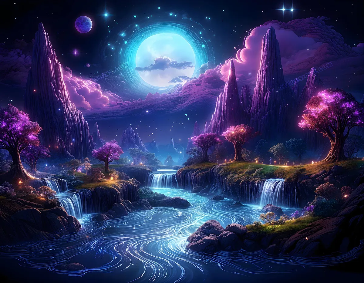 Magical Fantasy forest landscape with waterfall, Stream, and Mountains ...