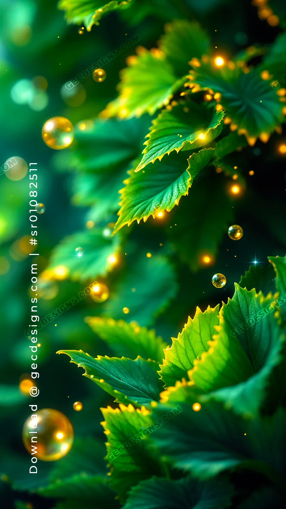Magical Green Leaf iPhone Wallpaper with Glowing Golden Light Particles ...