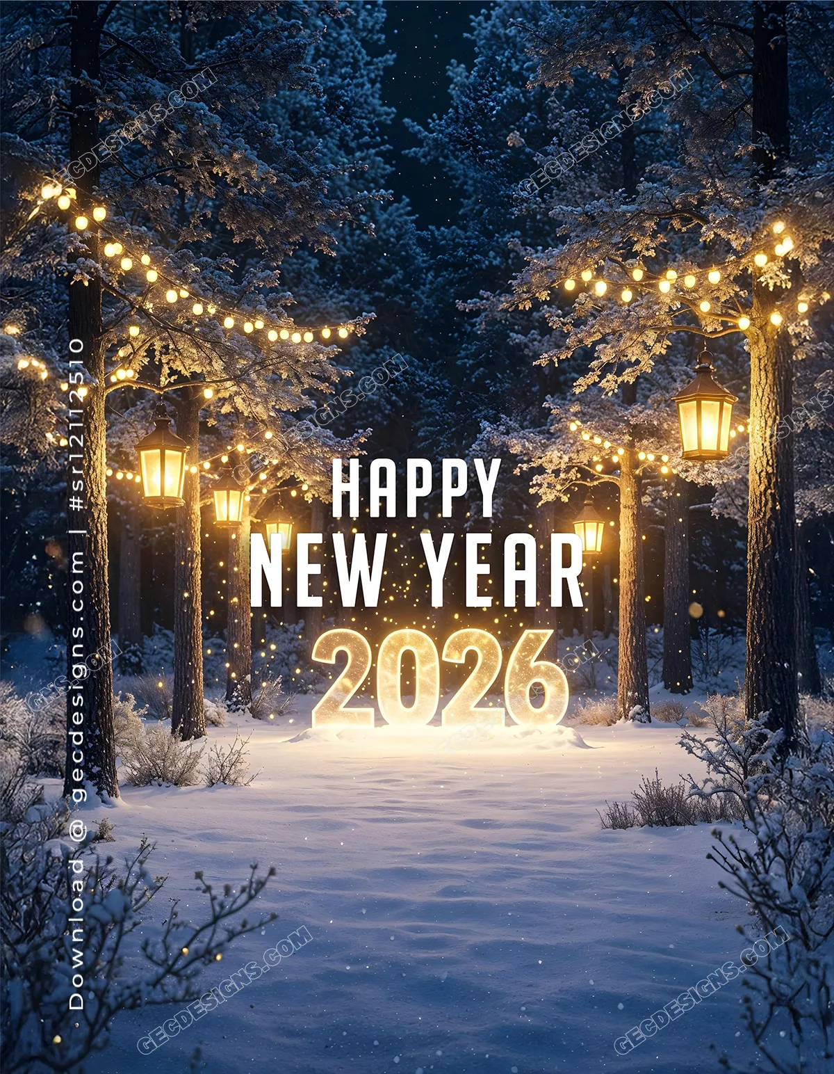Magical Happy New Year 2026 Image with Snowy Forest Lights and Warm Winter Glow - GEC Designs
