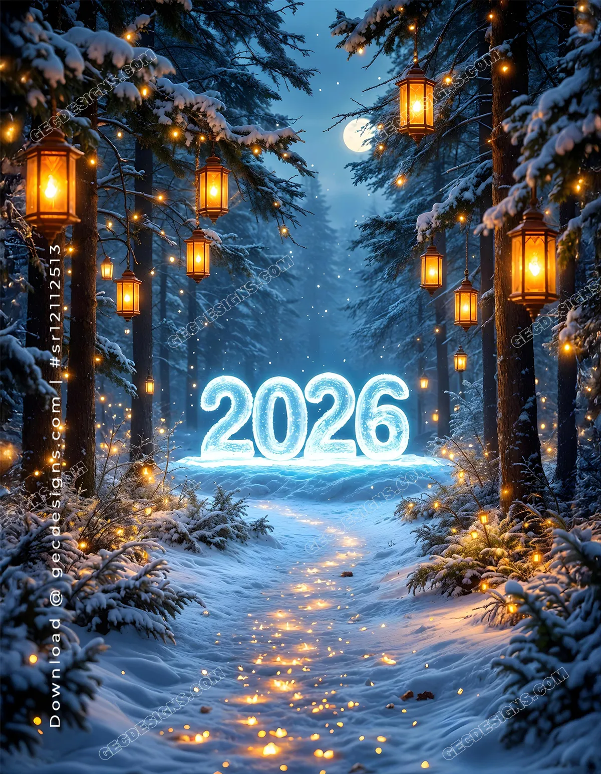 Magical Happy New Year 2026 Image with Snowy Forest Path, Lantern Lights, and Festive Glow - GEC ...
