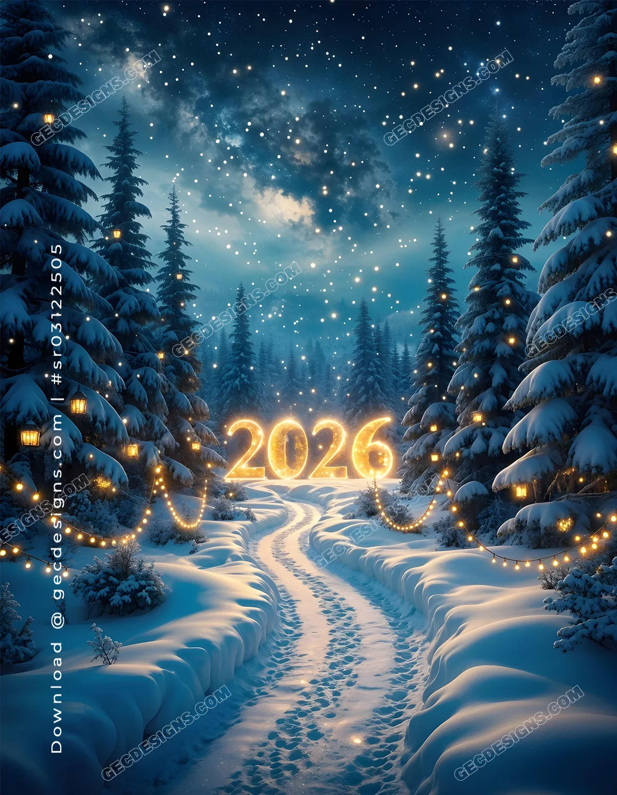 Magical Happy New Year wishes 2026 image with glowing lights, snowy forest path, and winter ...