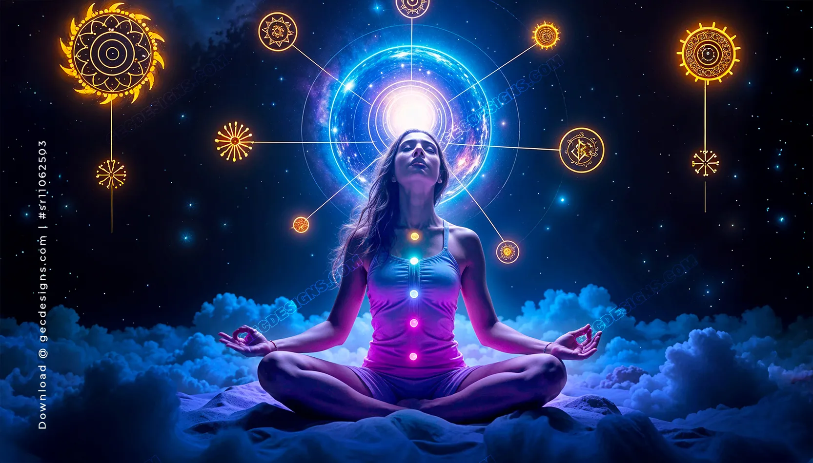 Meditating human Lotus pose energy chakras activated Mandala background ...