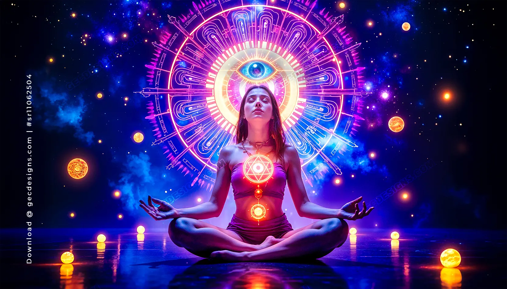 Meditating human Lotus pose with energy chakras glowing Mandala ...