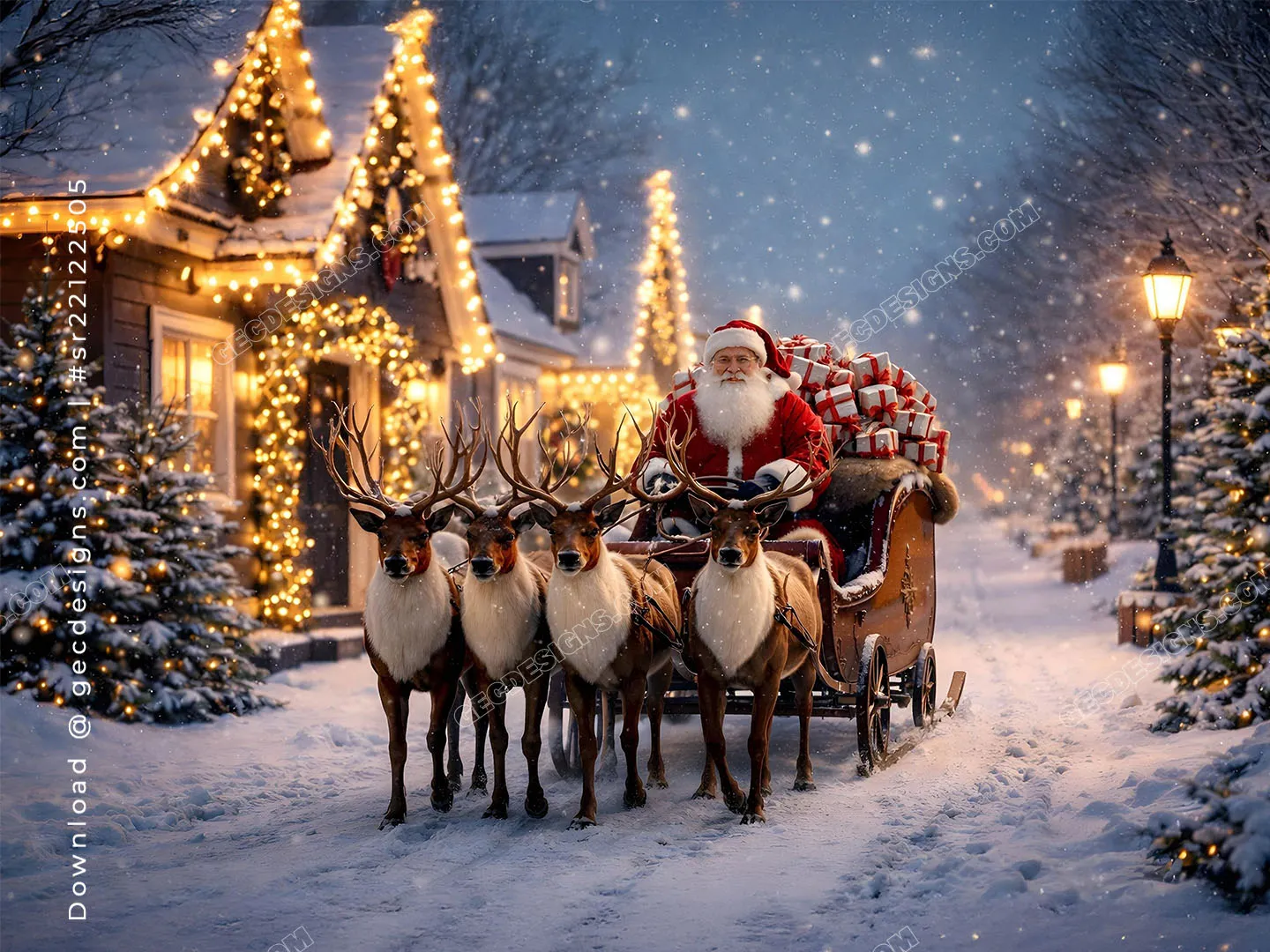 Merry Christmas Image of Santa Claus Riding a Sleigh with Reindeer in a ...